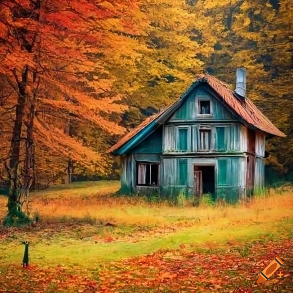 Colorful autumn forest with an old house on Craiyon