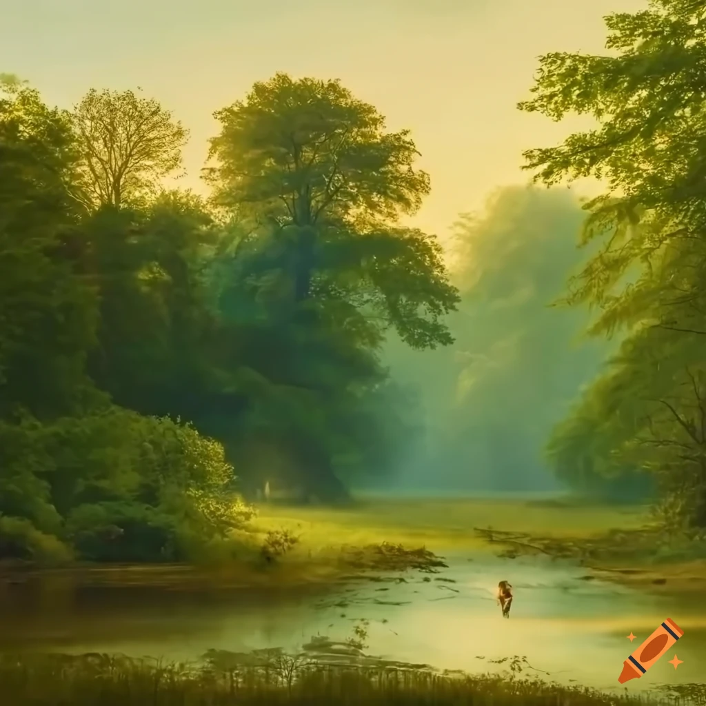 Small stream flowing through a magical meadow with enchanted trees on ...