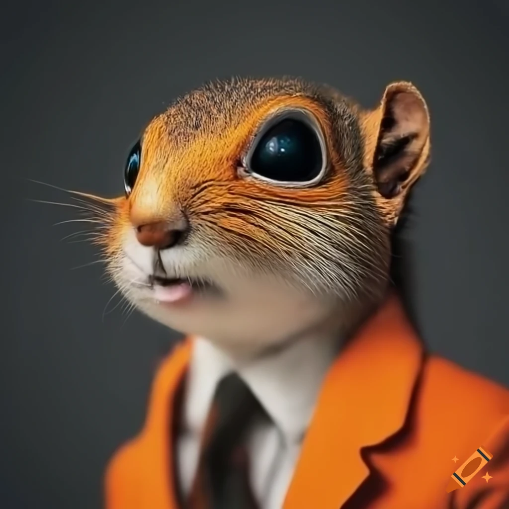 Close-up of an anthropomorphic squirrel in orange suit on Craiyon