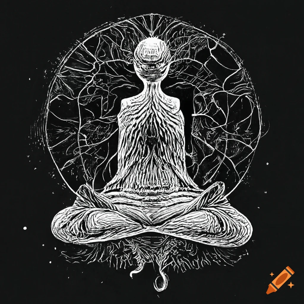 Black and white etching of a cosmic entity meditating