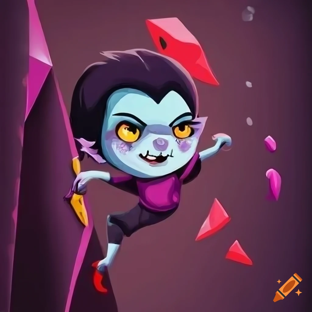 Digital artwork of a friendly vampire climbing a vibrant bouldering ...