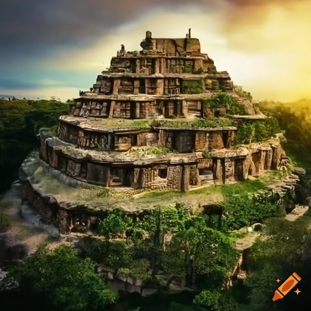 Mayan-style garden built into a cliff on Craiyon