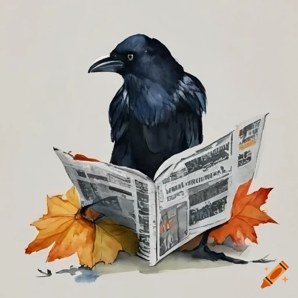 Watercolor painting of a raven reading a newspaper on Craiyon