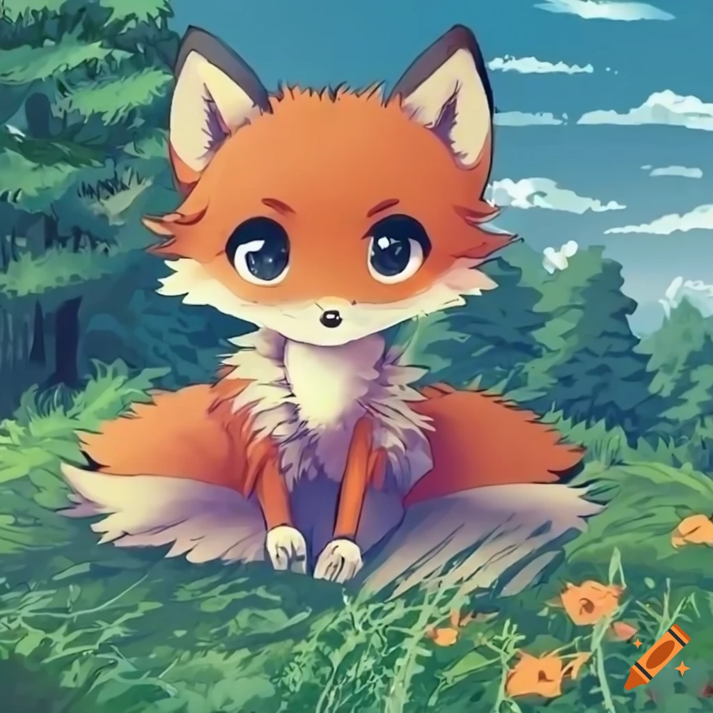 Adorable chibi fox in a scenic countryside in classic anime style on ...