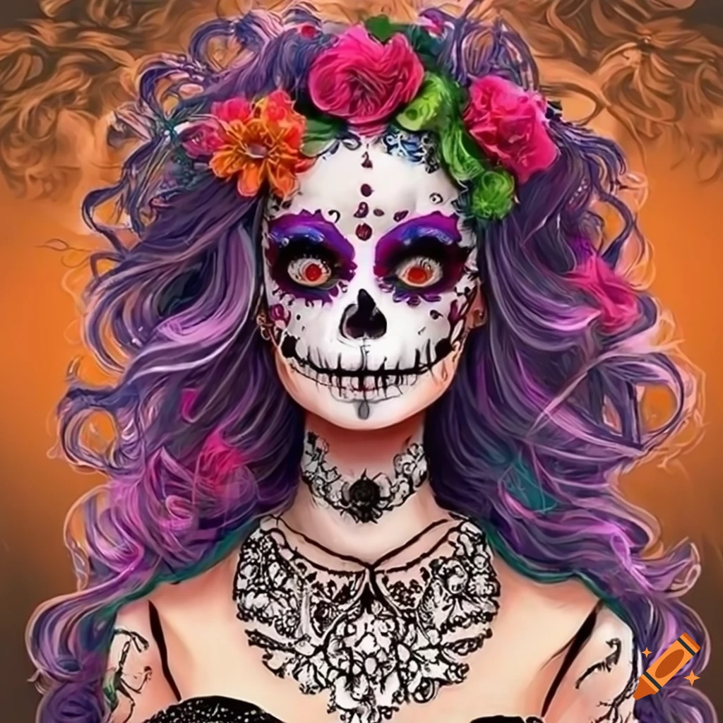 Artwork of a catrina with curly hair on Craiyon