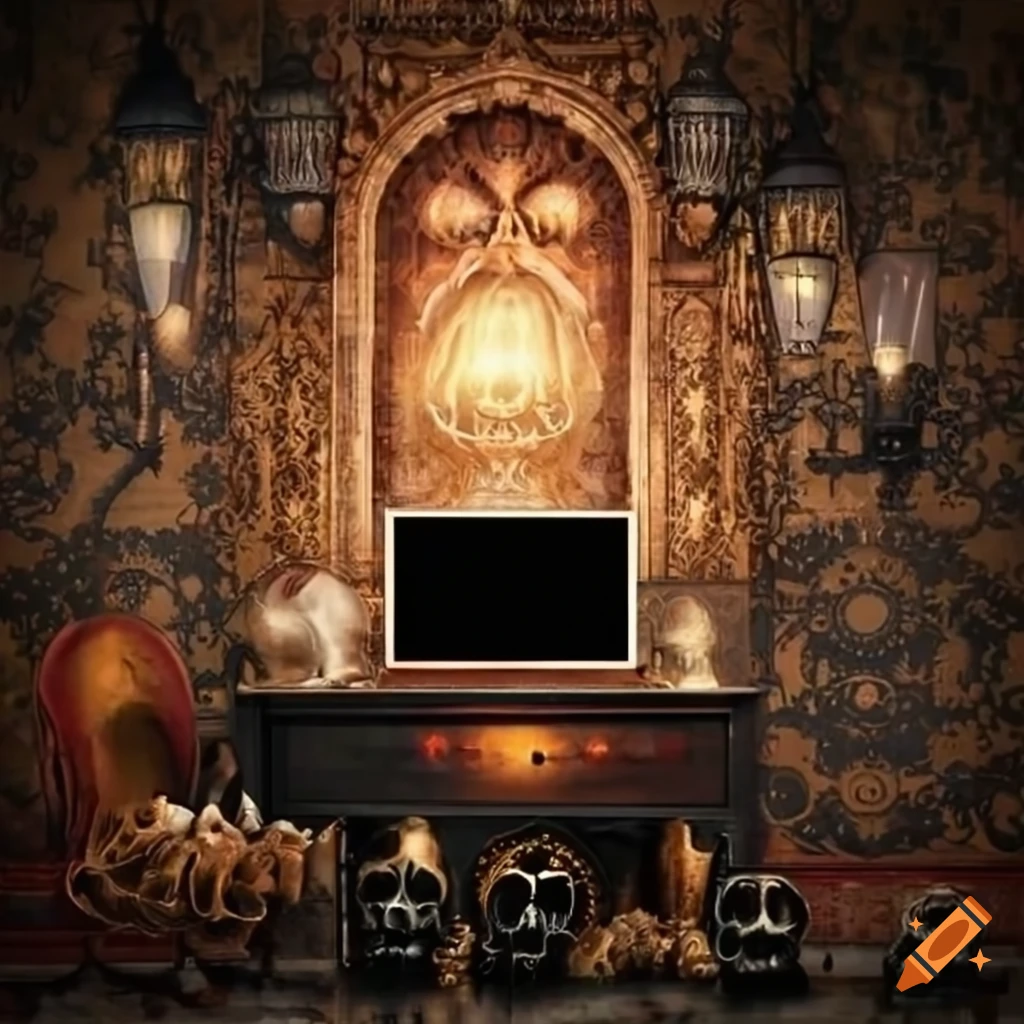 Surrealist steampunk living room with skull decor on Craiyon