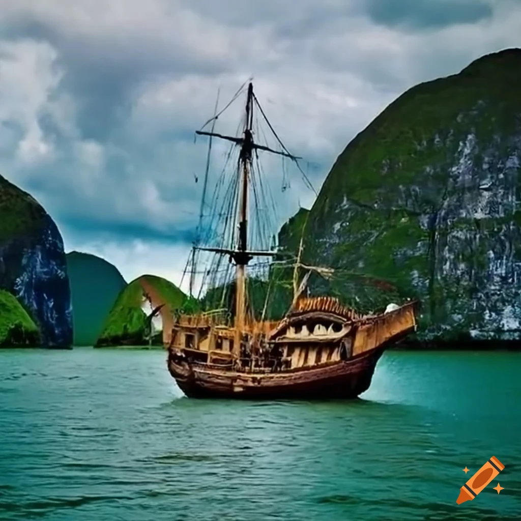 Steampunk ship sailing in the flooded Cuban Valle de Vinales on Craiyon