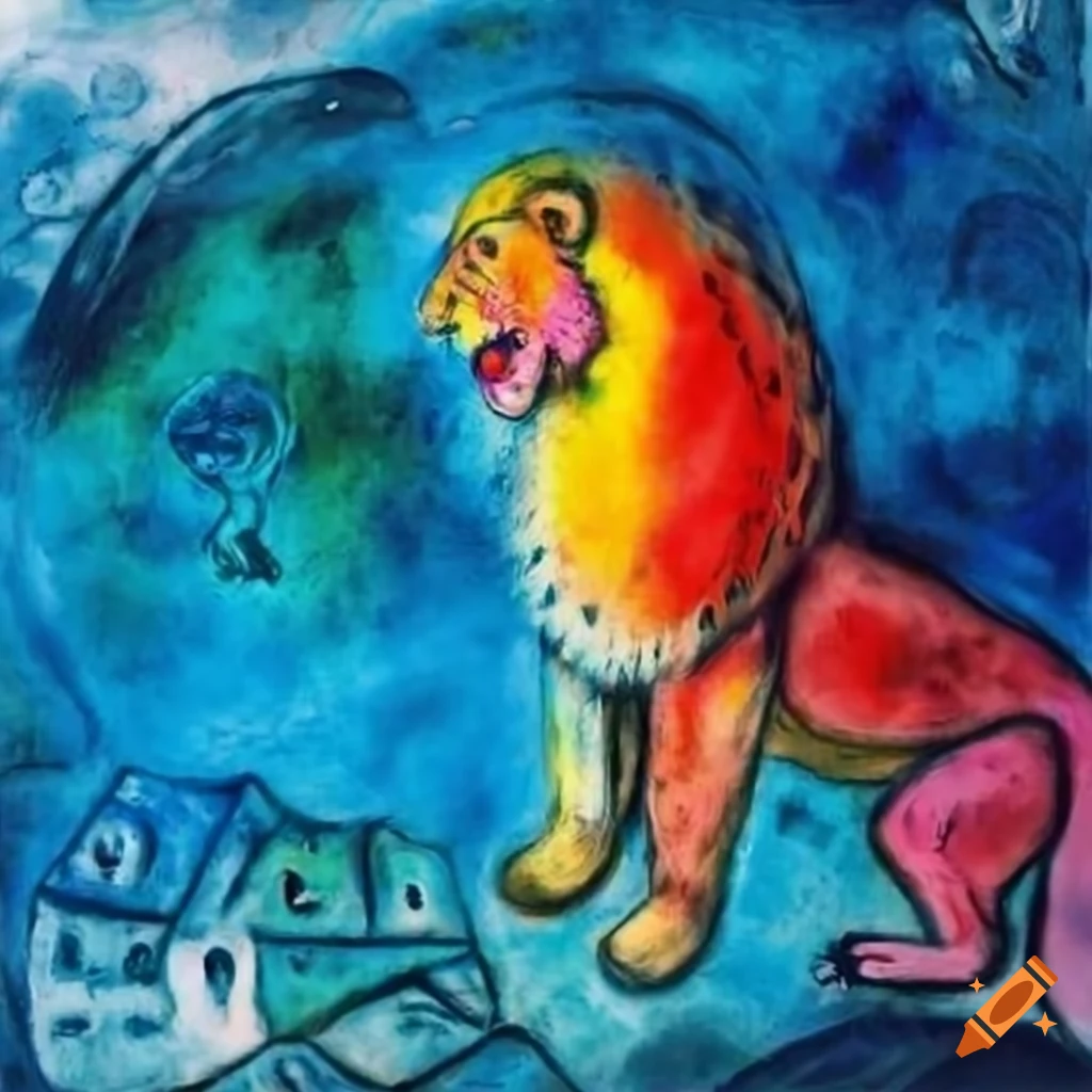 Lion jumping through the sky in chagall style on Craiyon
