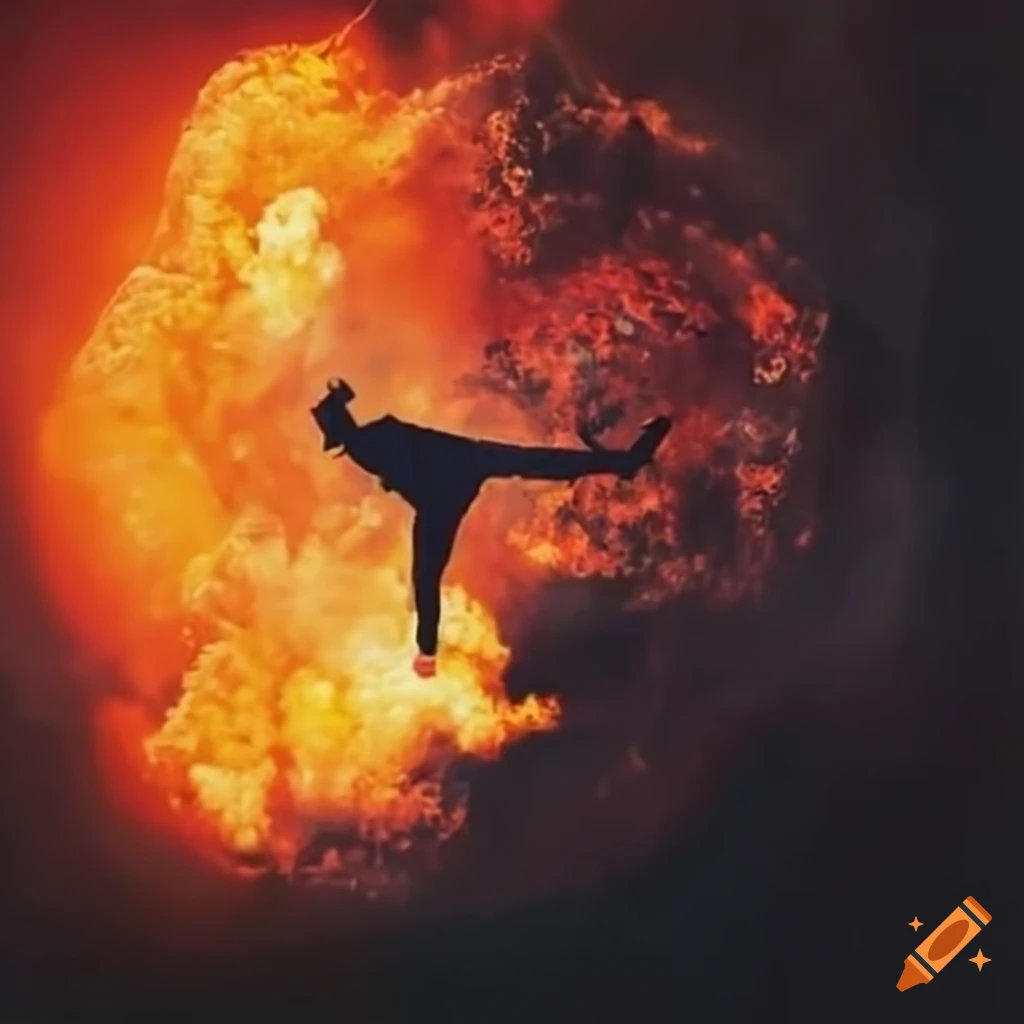 Man dropping from a helicopter with explosion on Craiyon