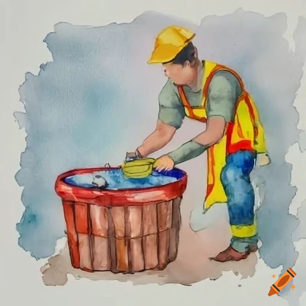 Construction worker washing clothes with washboard on Craiyon