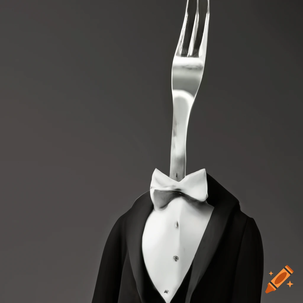 An anthropomorphic fork in a tuxedo on Craiyon