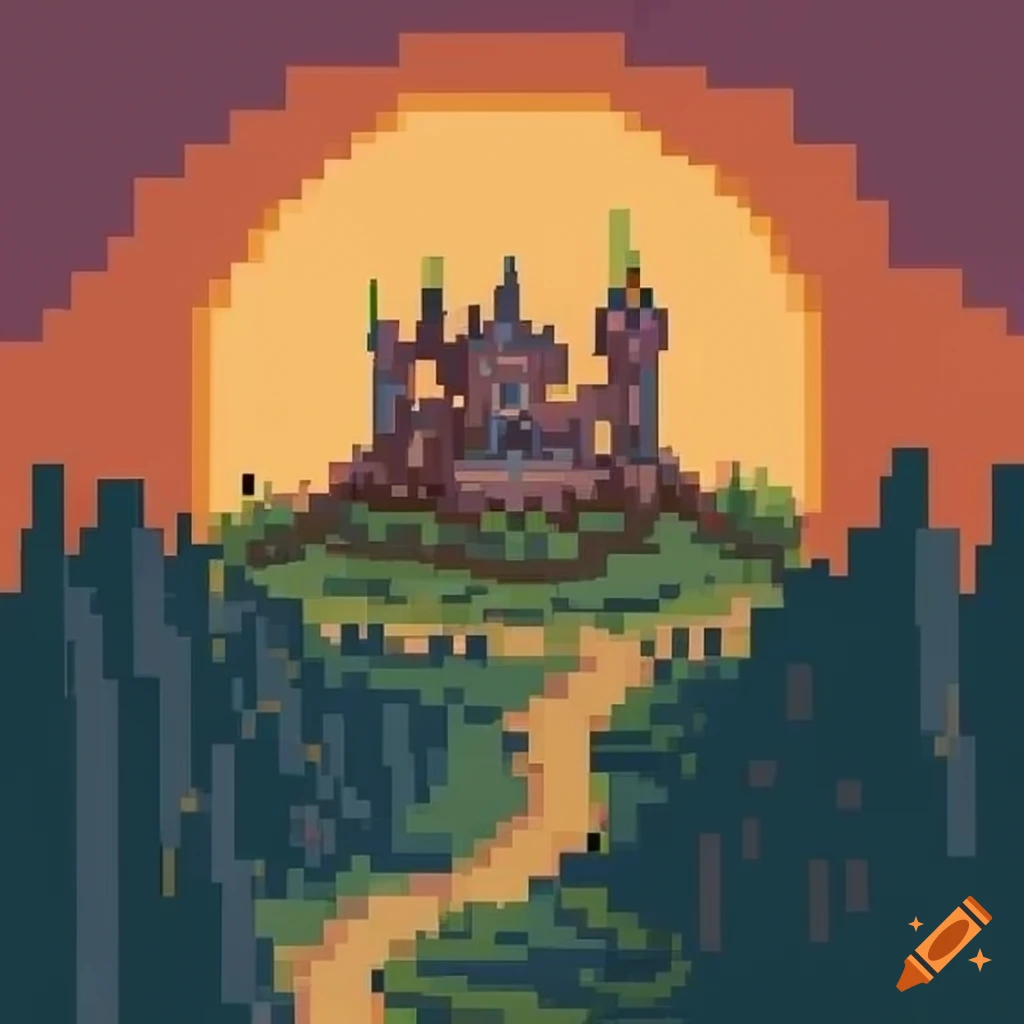 Sunset pixel art landscape with a castle on Craiyon