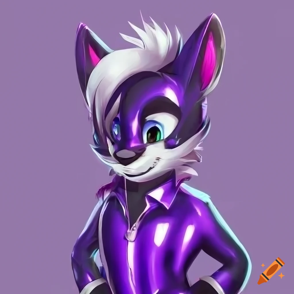 Cartoon skunk character in a purple latex outfit on Craiyon