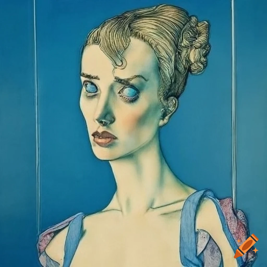 Intriguing woman's drawing in blue tones on Craiyon