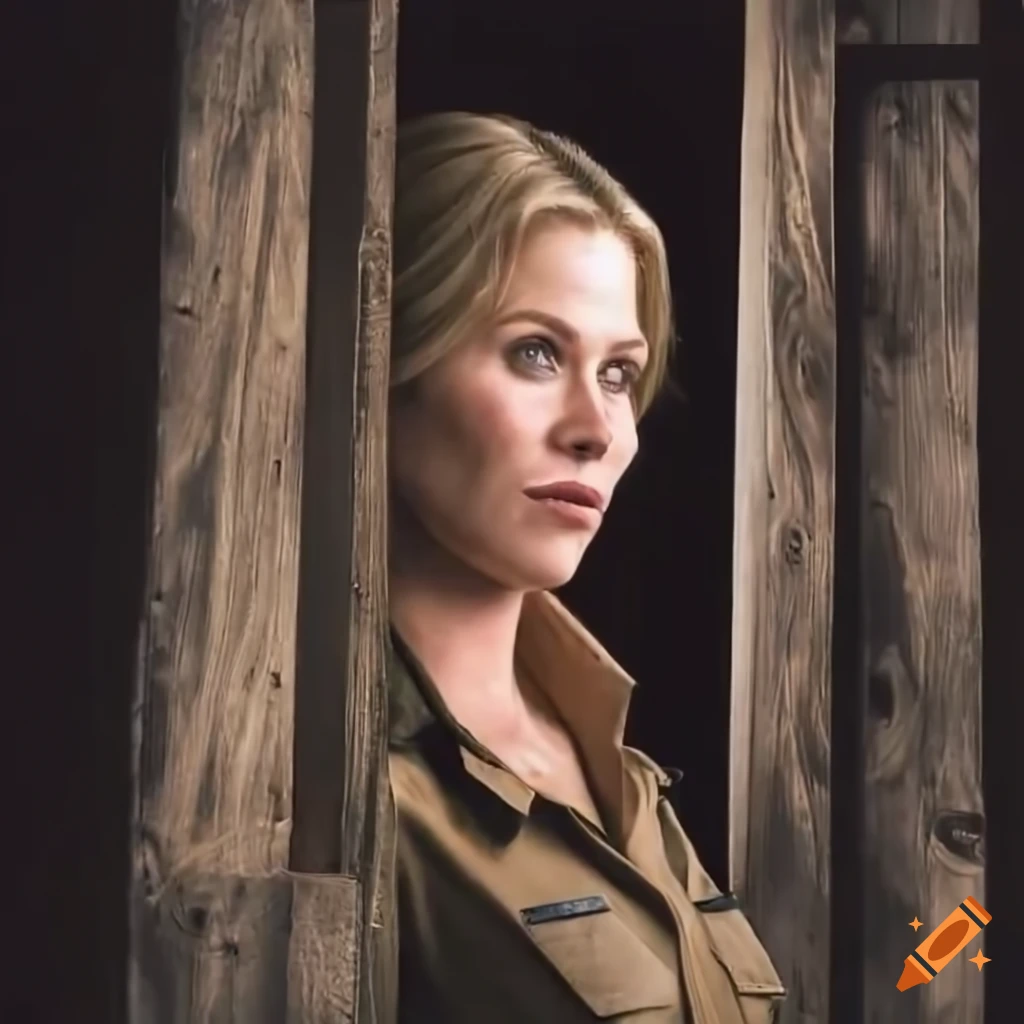 Hyperrealistic painting of a policewoman climbing through a barn window