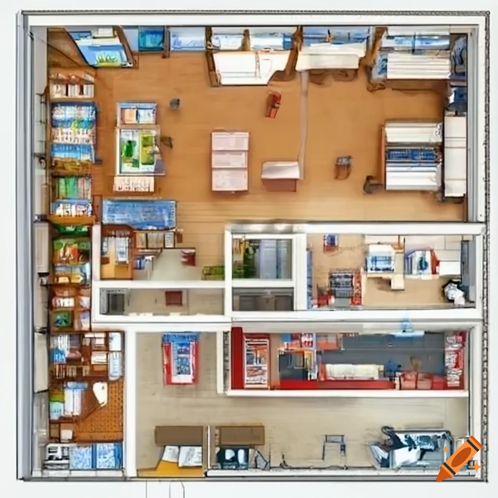 Bird's eye view of a home improvement store layout on Craiyon