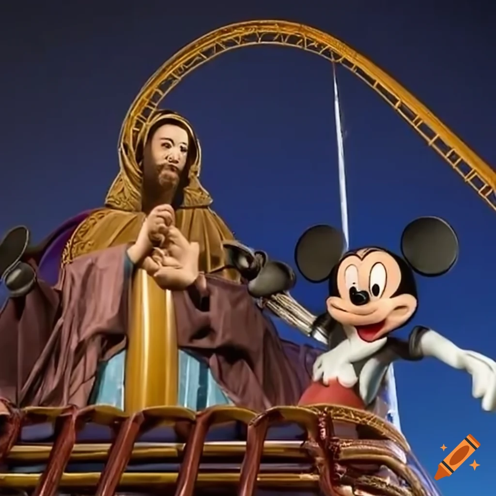 Depiction of Jesus and Mickey Mouse on a roller coaster on Craiyon