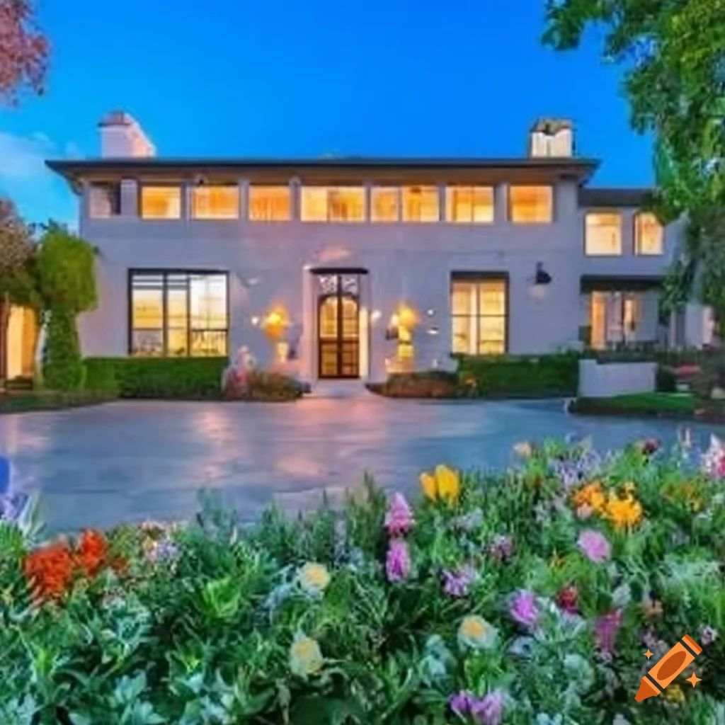 Luxurious single-story estate with stunning flower garden on Craiyon