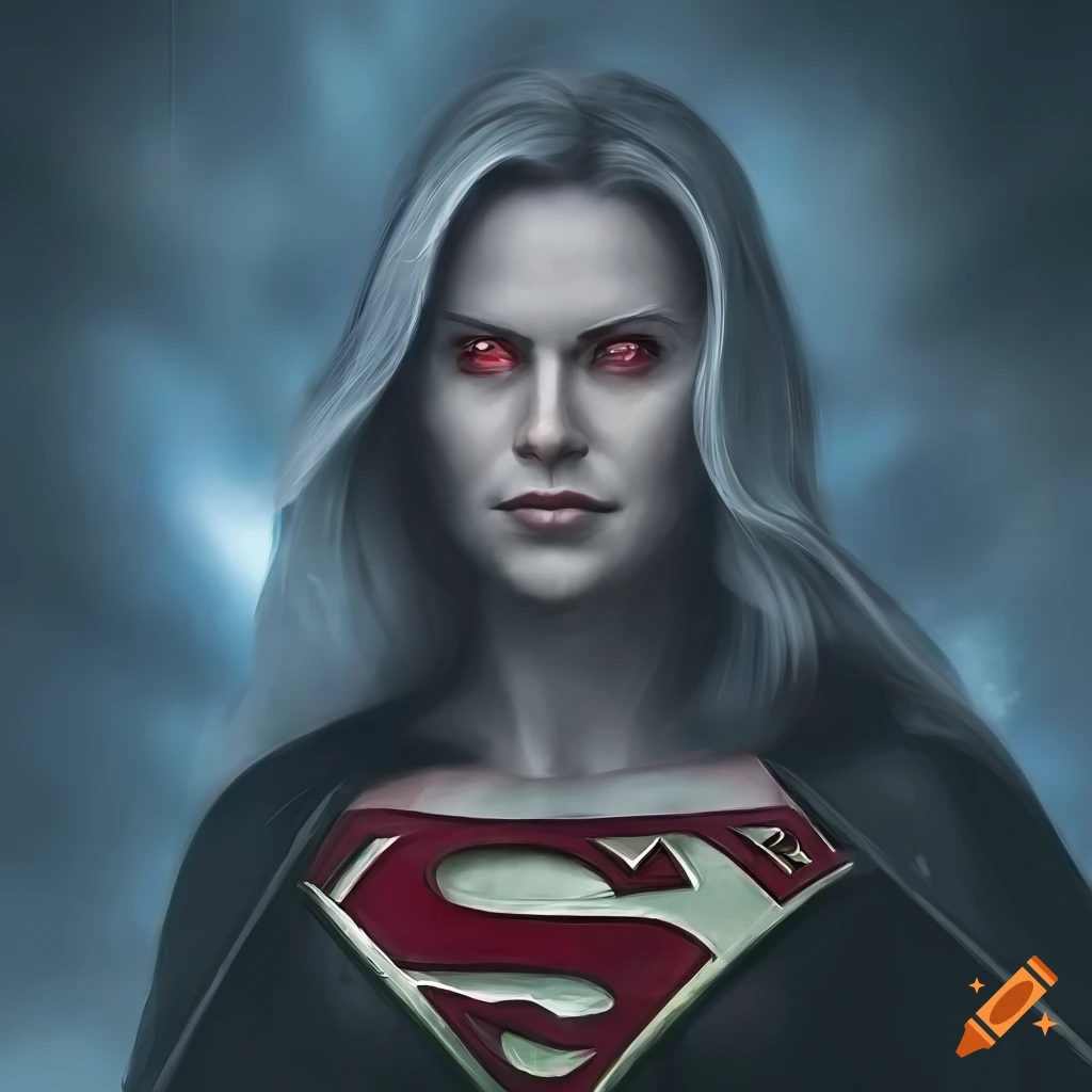 Portrait Of A Middle Aged Supergirl With Long Grey Hair And A Serious Expression On Craiyon