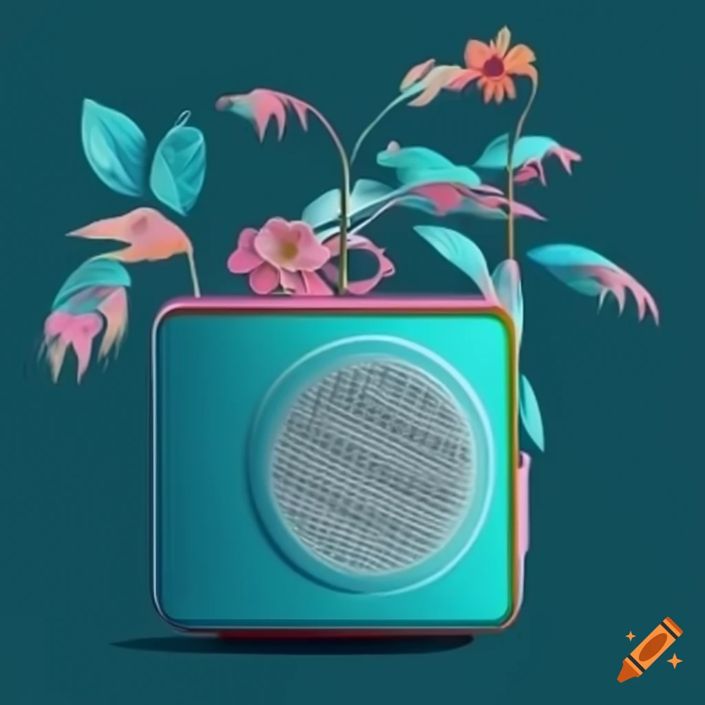 Digital illustration of a radio speaker surrounded by flowers on Craiyon
