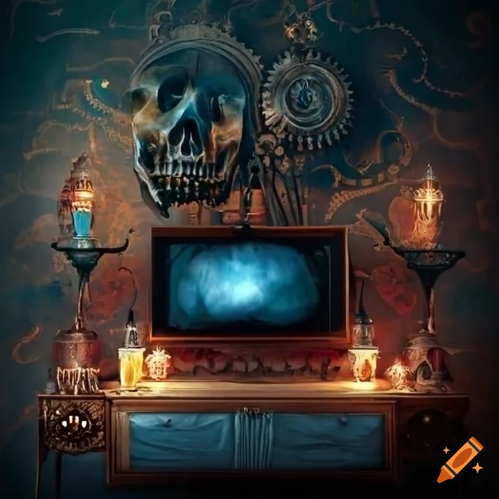 Surrealist steampunk living room with skull decor