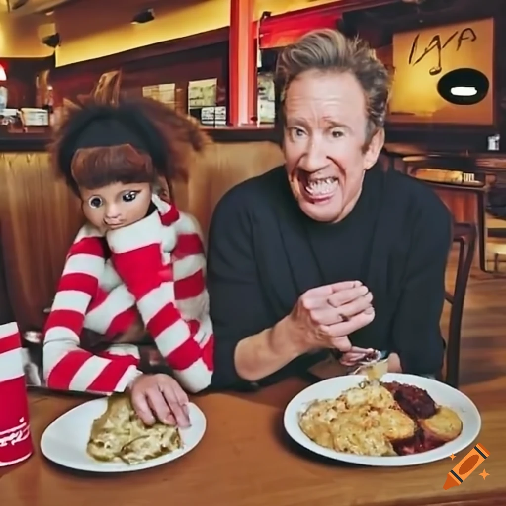 Felix the Cat and Tim Allen eating at Applebee's on Craiyon