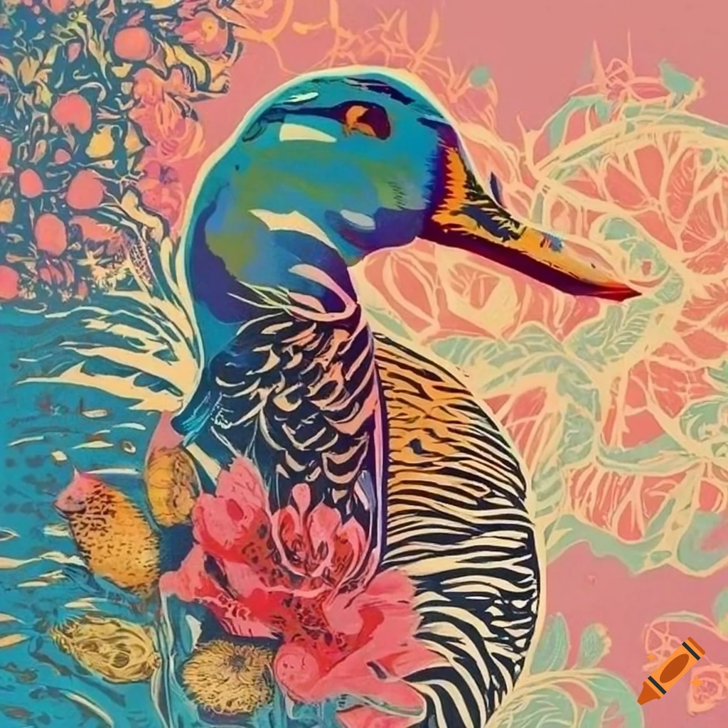 Woodcut print of a duck surrounded by vibrant florals