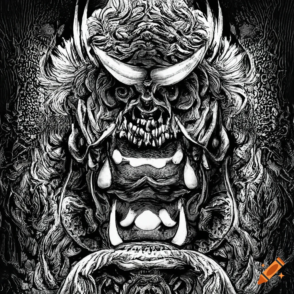 Blockprint artwork of an oni on Craiyon