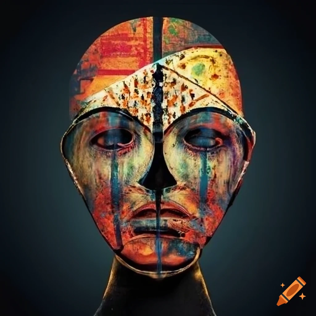 Surreal collage of a complex machine mask on Craiyon