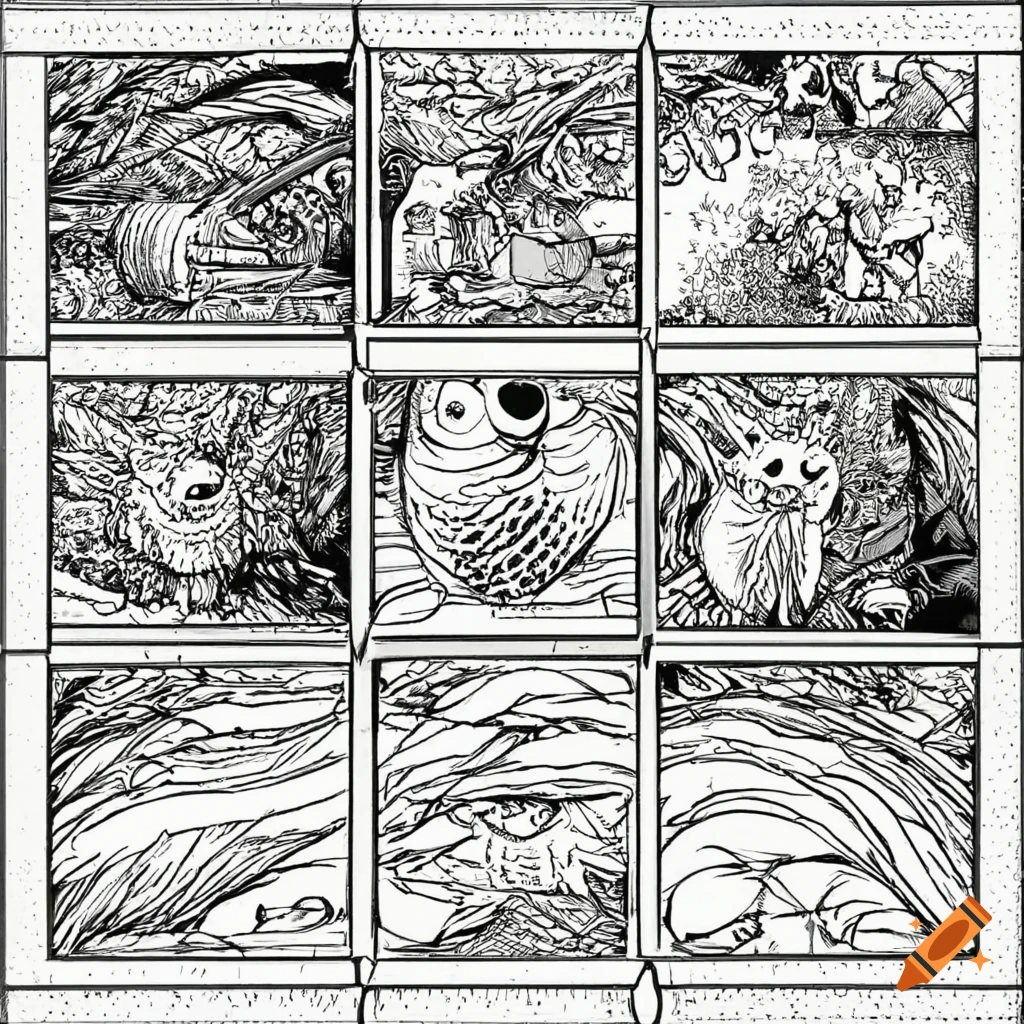 Black and white comic strip with an owl in moebius style on Craiyon