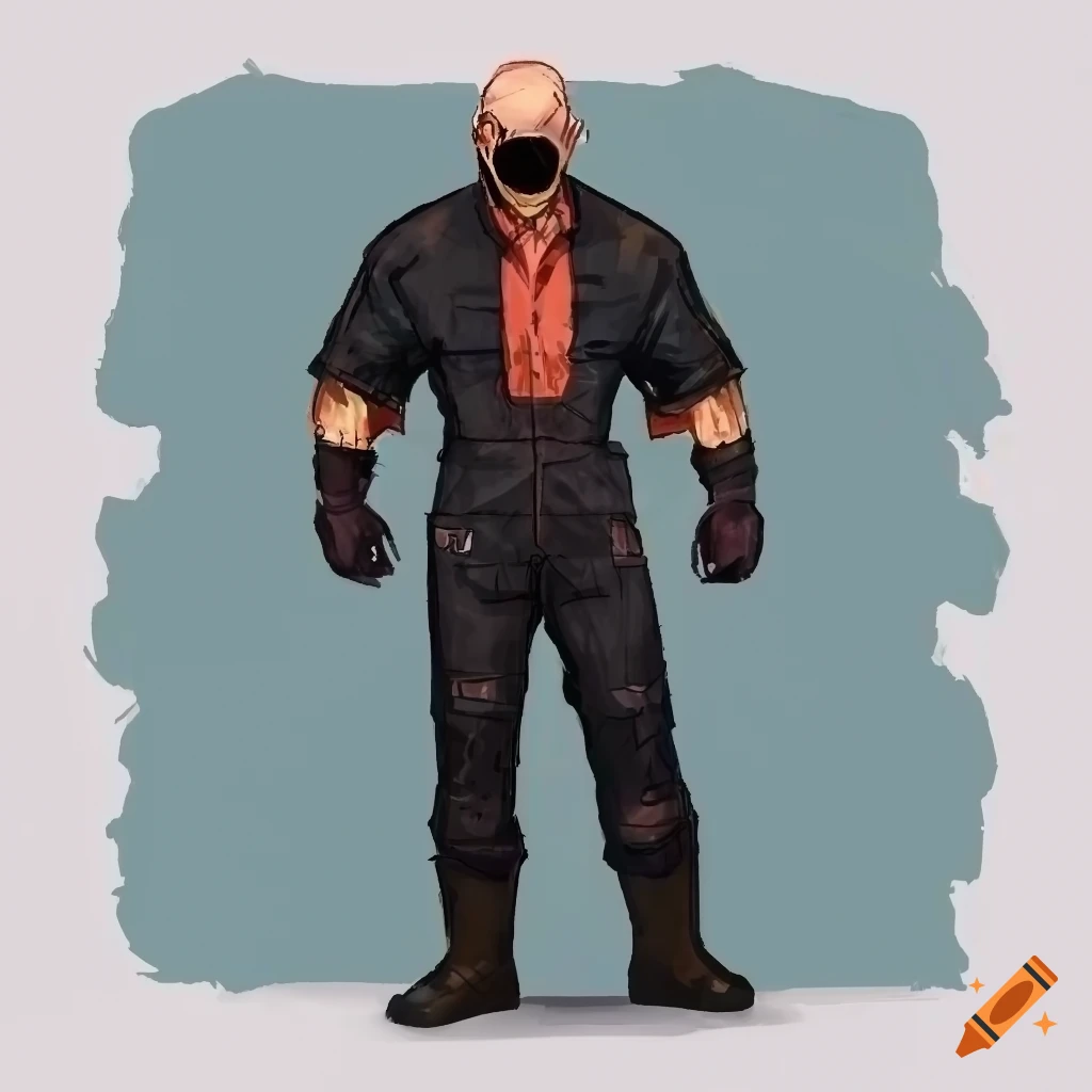 Concept art of a tall imposing character in workwear