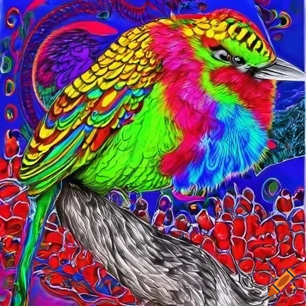 Colorful kiwi bird in psychedelic floral background on Craiyon