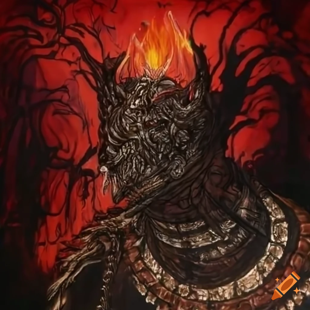 Painting of elden ring dark god by yoshitaka amano