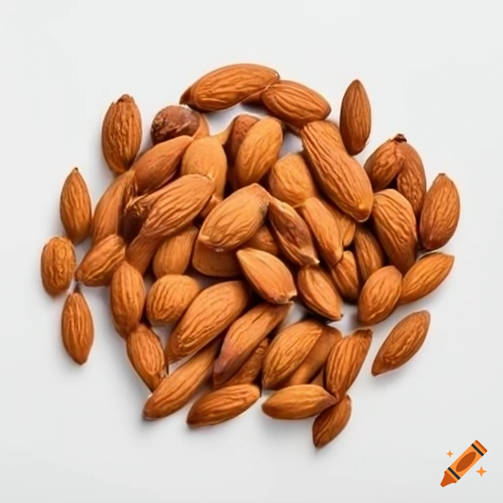 Arrangement of whole almonds on a white background on Craiyon