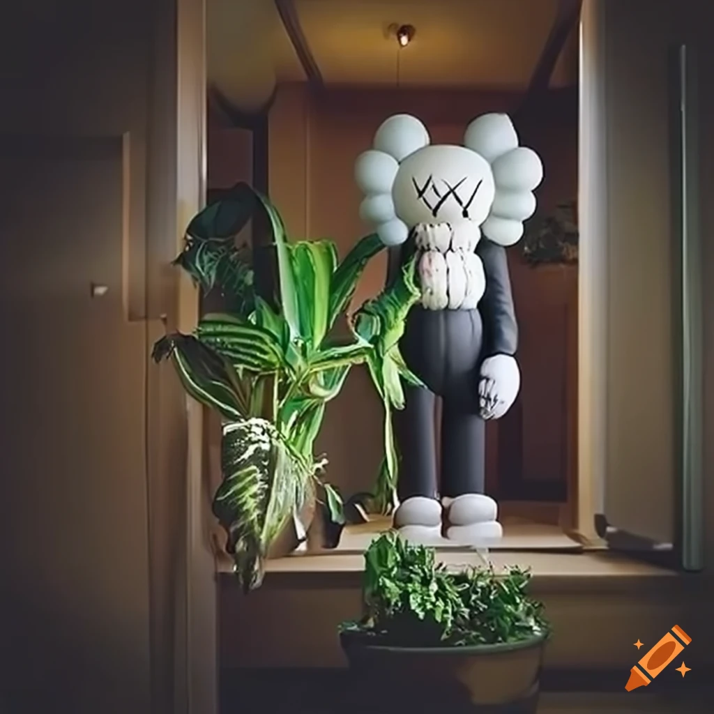 Kaws sculpture in a plant-filled room on Craiyon