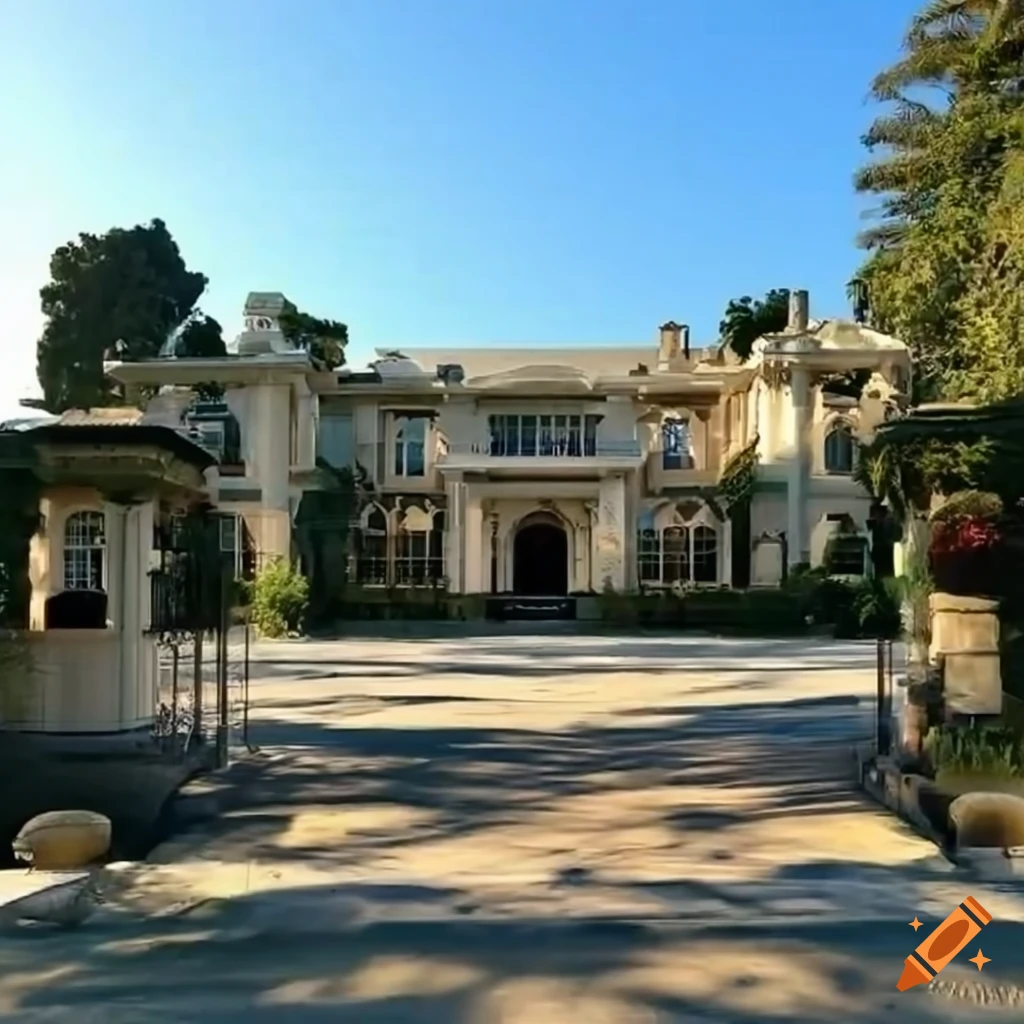 Sunset view of a grand mansion with tall trees on Craiyon