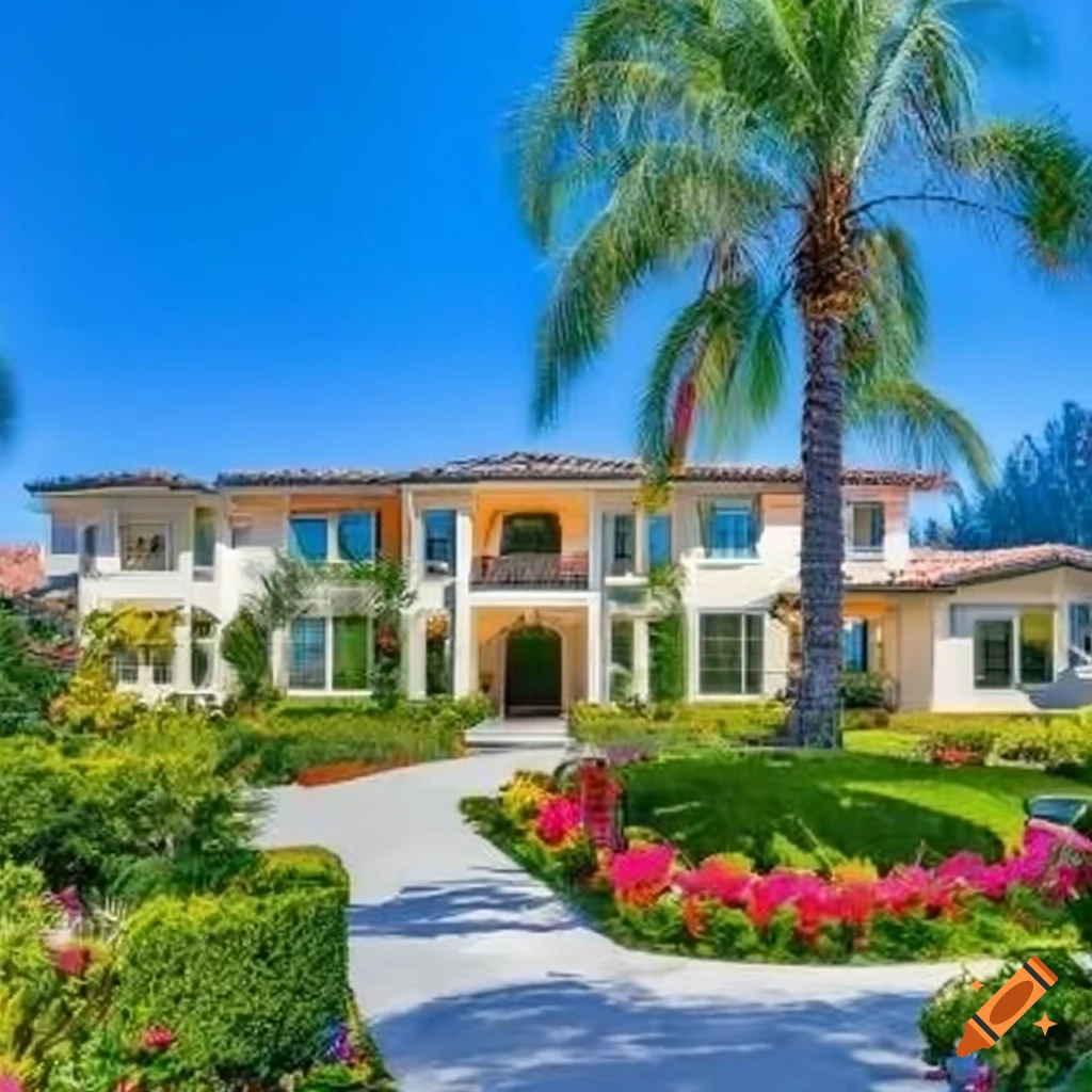 Luxurious single-story estate with stunning flower garden at sunset on ...