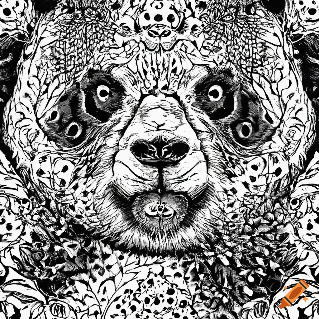 Black and white ink drawing of cute panda pattern on Craiyon