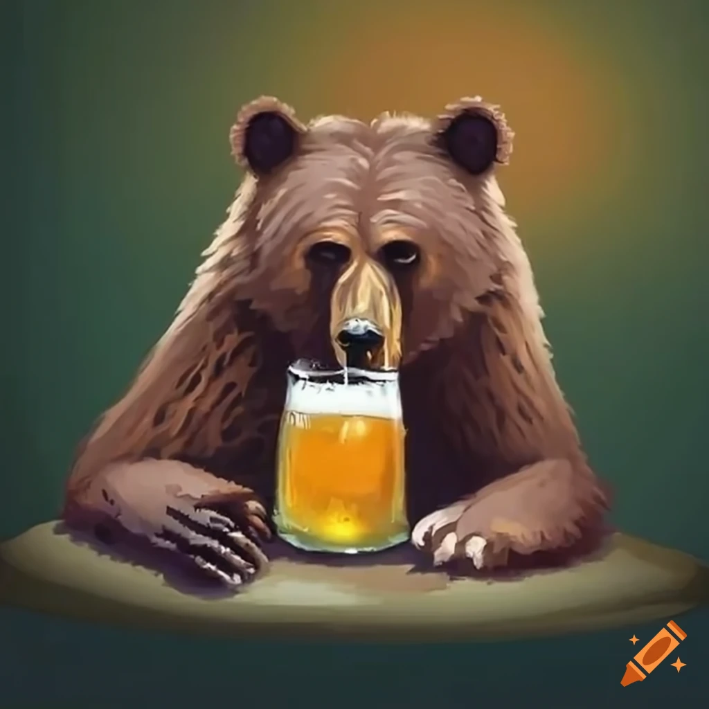 Humorous illustration of a beer-drinking bear in the woods on Craiyon