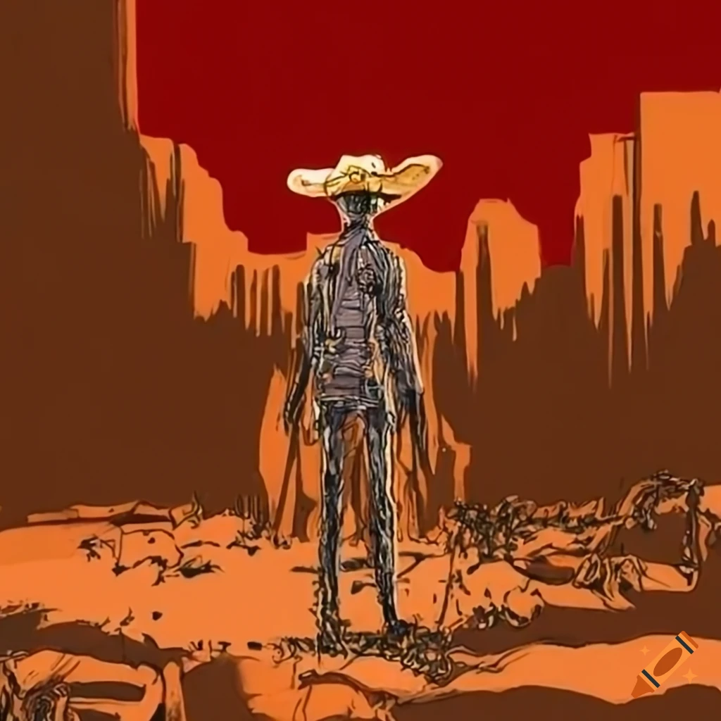 Outline of a giant cowboy overlooking a desert city on Craiyon