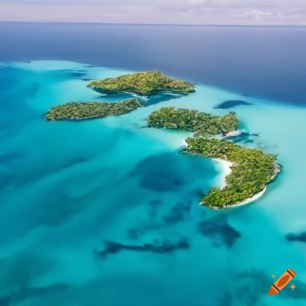 Aerial view of tropical islands in a light blue ocean