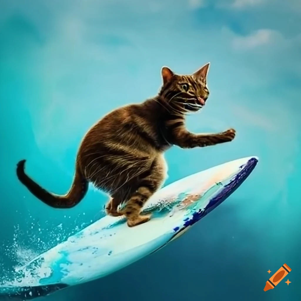 Cat surfing on a wave on Craiyon