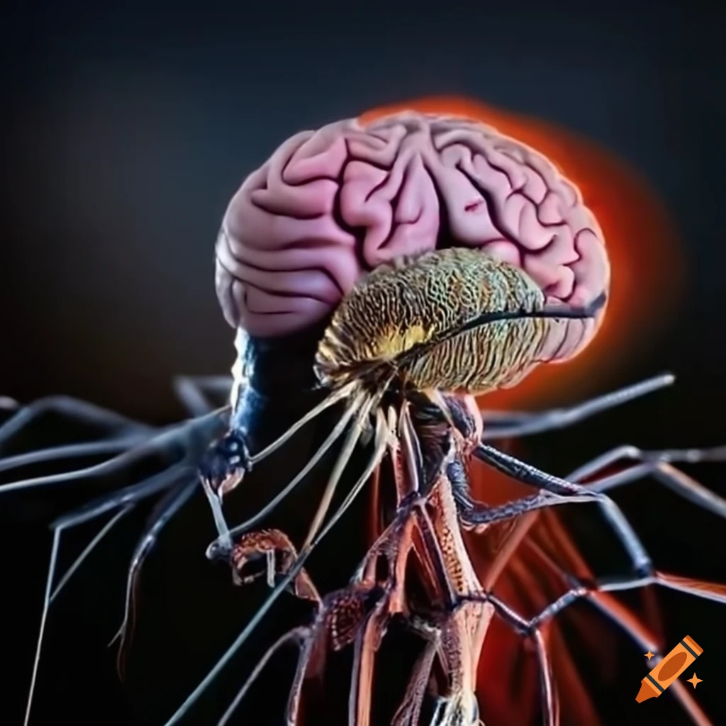 Conceptual illustration of a brain with spider-like wires on Craiyon