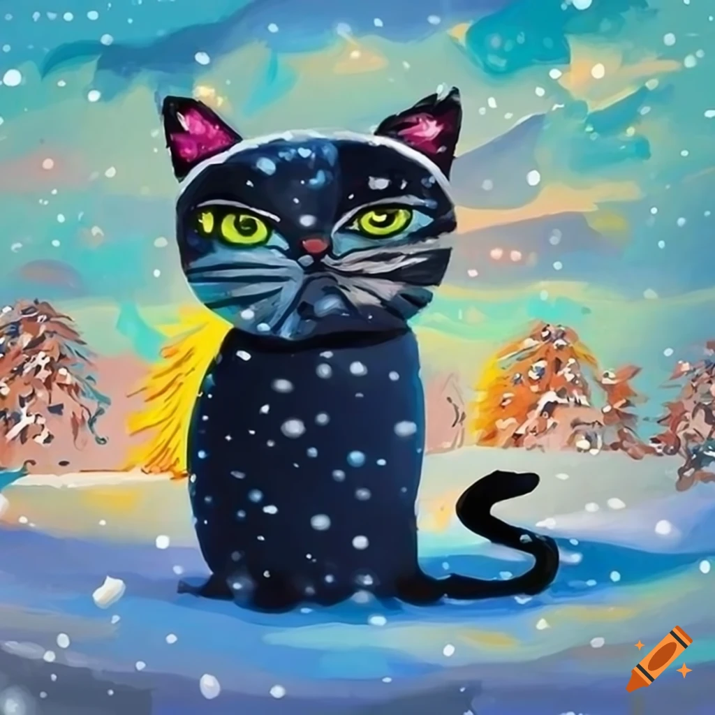 Colorful painting with a funny black cat in a winter landscape