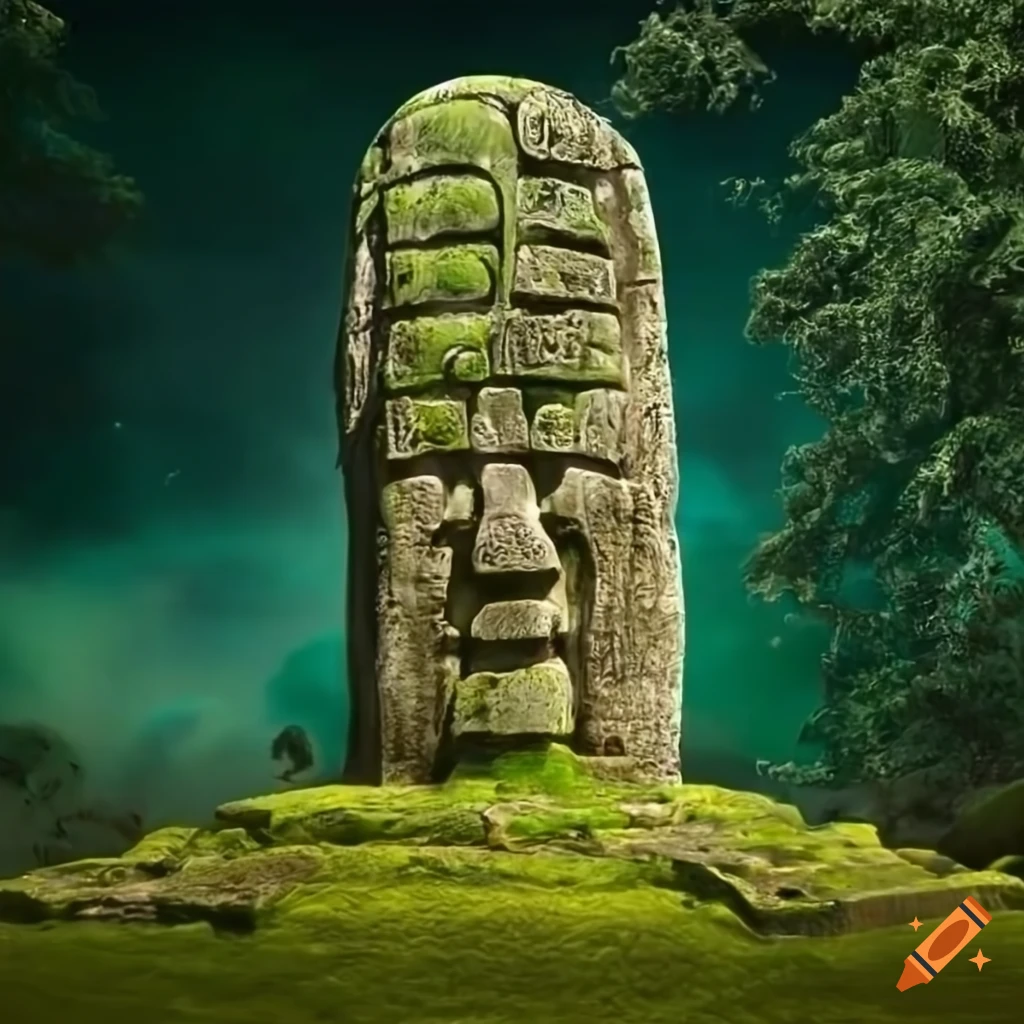 Ancient menhir with mayan tree of life and hieroglyphs on Craiyon