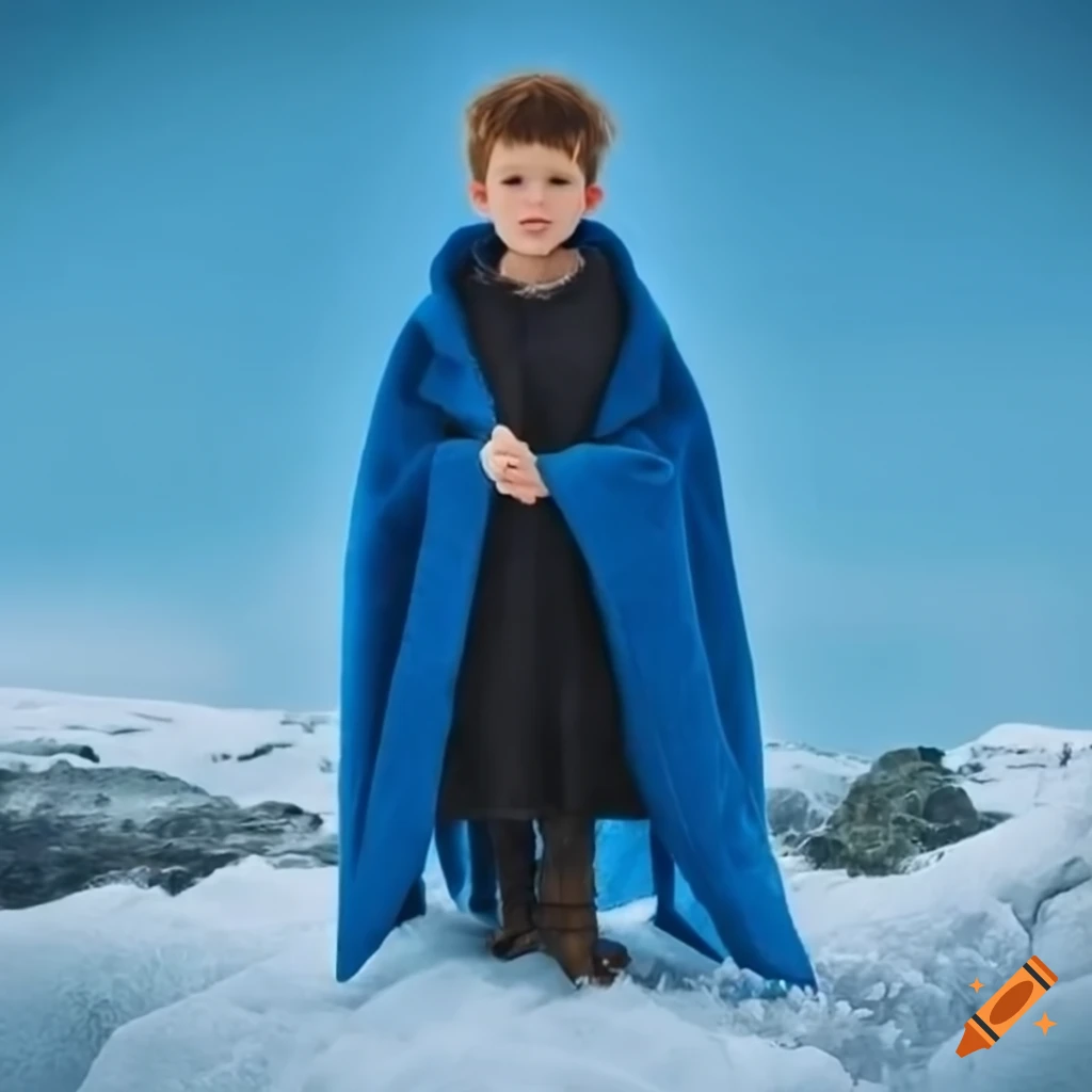 Royal boy in a long blue cape standing on a rock on Craiyon
