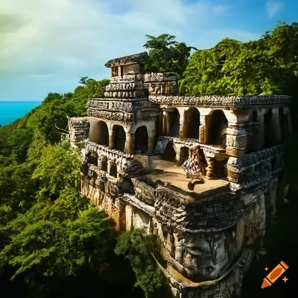 Mayan style garden complex built into cliff side on Craiyon