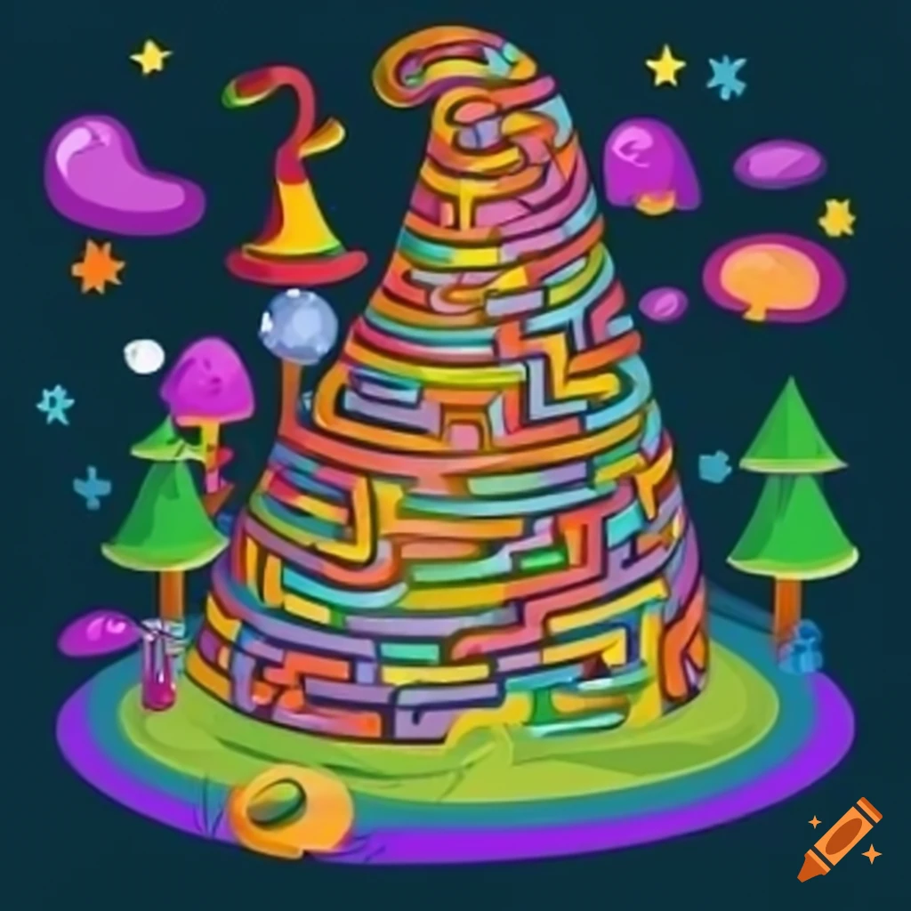 Cartoon illustration of an enchanted labyrinth with an elf and wizard ...