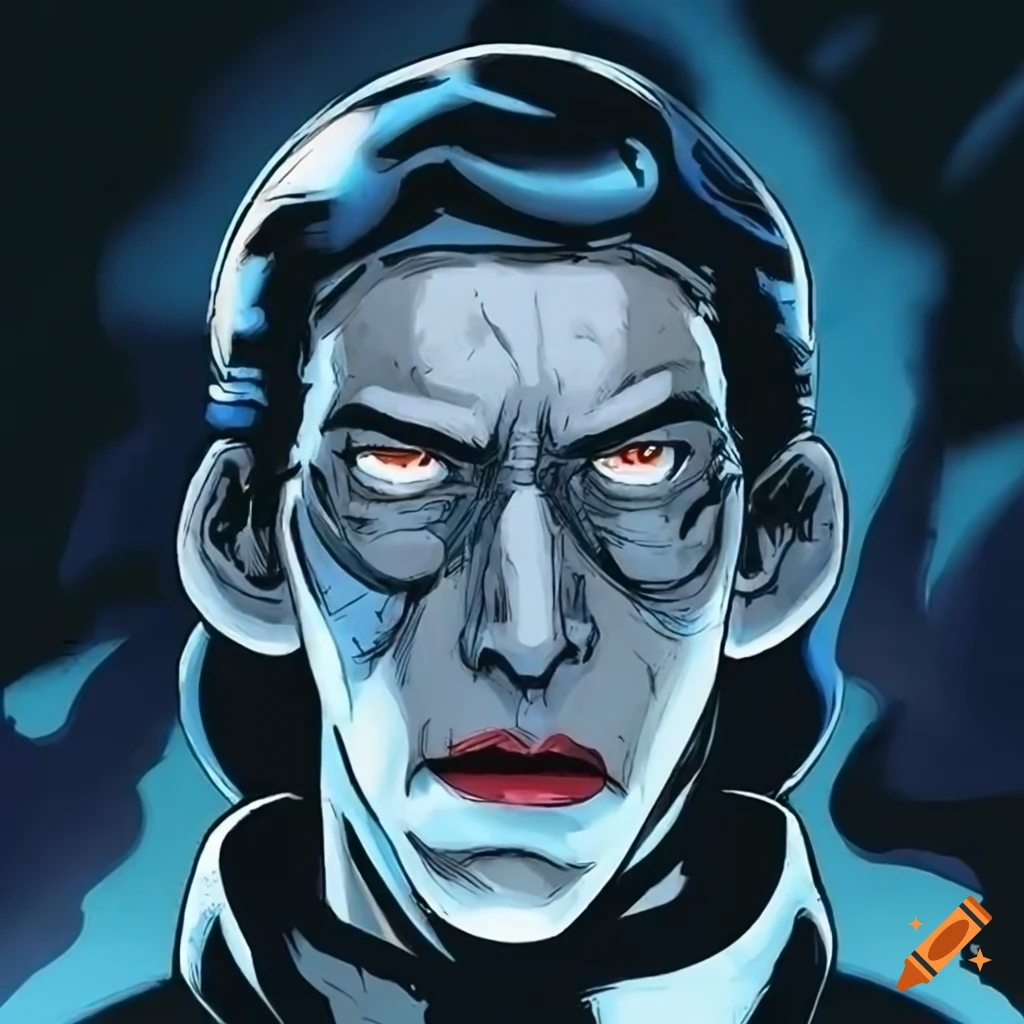 Pulp comic book style artwork of Adam Driver as Mr. Freeze on Craiyon