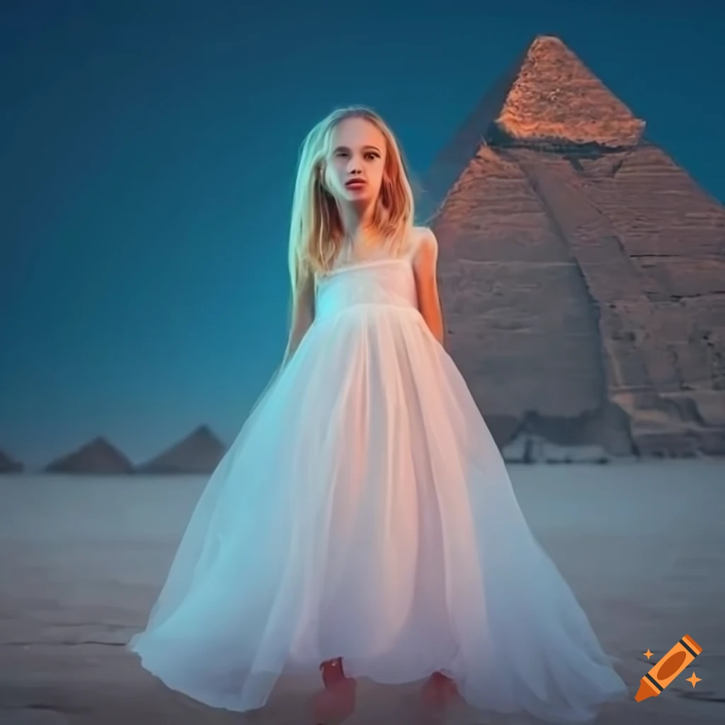 Ethereal girl playing in front of the pyramids on Craiyon